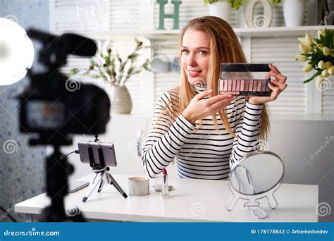 Beauty Blogger Woman Filming Daily Make Up Routine Tutorial Near Camera On Tripod Influencer