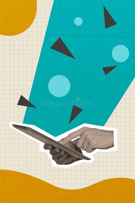 Vertical Collage Creative Poster Black White Effect Human Hands Hold Type Use Mobile Tablet Chat