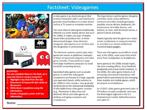 Videogames Factsheet Sheet Ict Computing Starter Activity Keywords Ks3 Gcse Cover Teaching