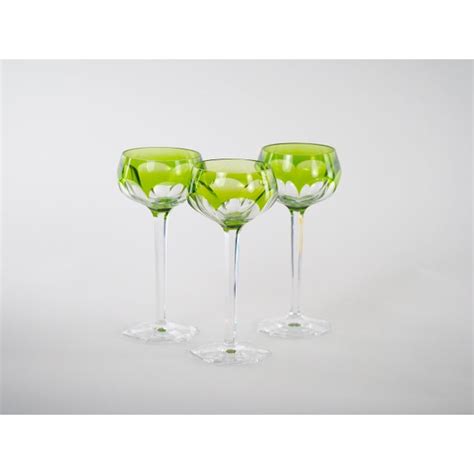 Set Of 12 Moser Intaglio Cut Art Nouveau Green Shaded To Clear Wine
