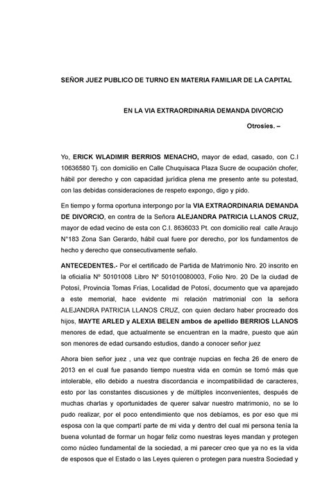 Divorcio demanda en materia derecho de las familias SEÑOR JUEZ PUBLICO DE TURNO EN MATERIA