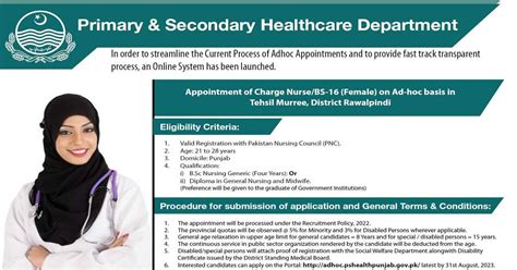 Primary And Secondary Healthcare Department Punjab Jobs 2023 Charge