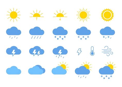 Weer Zon Wolk Regen Icon Set Omgeving Zonneschijn Donder Storm Wind
