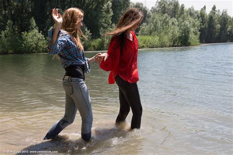 Wwf 100376 Double Photoset Of Maike And Diva In A Lake In Jeans And Pants Wetlook World