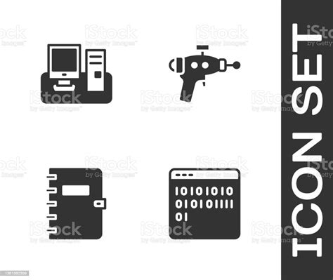 set binary code monitor with keyboard spiral notebook and ray gun icon