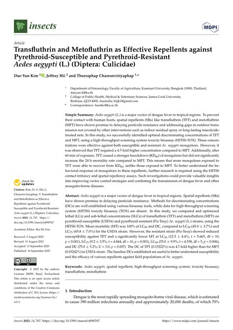 Pdf Transfluthrin And Metofluthrin As Effective Repellents Against