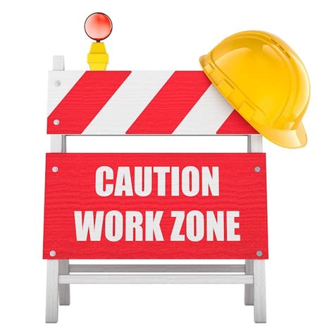 Caution Work Zone Road Barrier Construction Sign With Hard Hat 3d Rendering Premium Psd