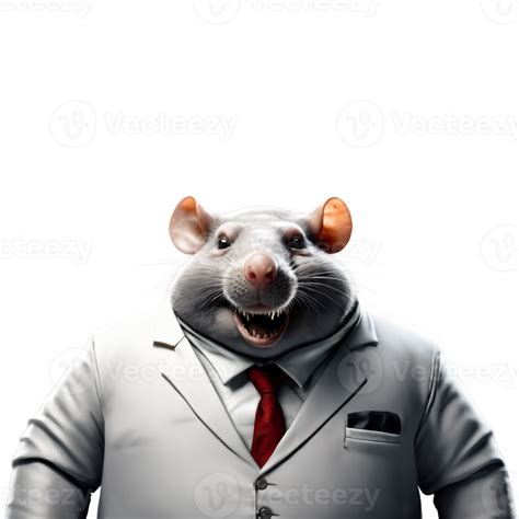 Portrait Of Humanoid Anthropomorphic Greedy Fat White Rat Wearing White
