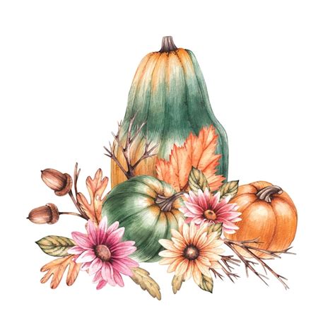 Premium Vector Watercolor Pumpkin With Flowers And Dry Leaves On A