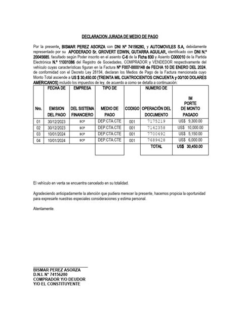 Declaracion Jurada De Medio De Pago Pdf Vehículos Vehículo De Motor