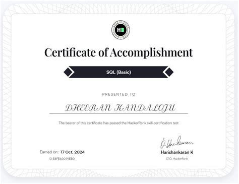 Dheeran Kandaloju On Linkedin Hackerrankcertified Sql Continuous