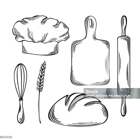 빵과 베이킹 도구 요리사 모자에서 도마 밀대 거품기로 설정 이삭과 둥근 덩어리 벡터 그래픽 그림 절연 포장 요리책 메뉴 웹 사이트를위한 템플릿 빵에 대한 스톡 벡터 아트 및