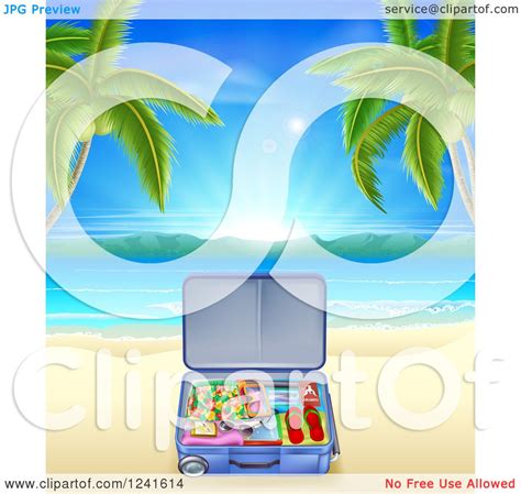Clipart Of A Travel Suitcase On A Tropical Becah With Palm Trees