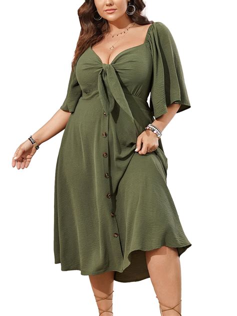 Scomchic Plus Size Summer Dress Casual Short Sleeve Bow Tie Deep V Neck