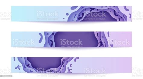 종이 컷 스타일의 배너 세트 3d 추상 전단지 보라색 보라색과 파란색 그라데이션 색상 액체 구멍과 별 모양과 깊은 종이 컷
