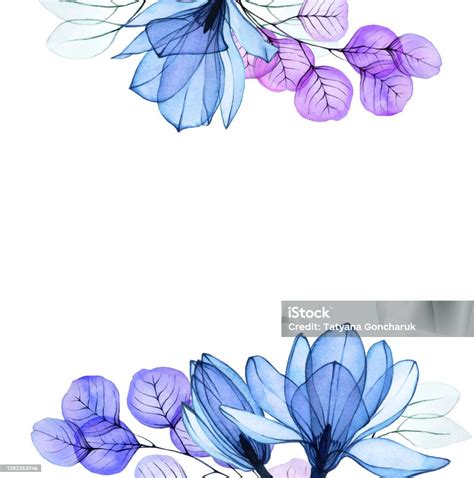 수채화 테두리 투명한 파란색 목련 꽃이있는 프레임 투명한 목련 꽃과 유칼립투스잎은 파란색 분홍색 보라색으로 남습니다 웨딩 카드