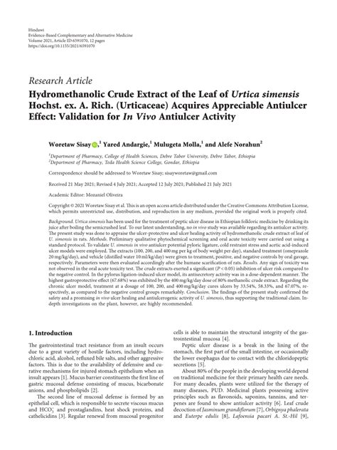 Pdf Hydromethanolic Crude Extract Of The Leaf Of Urtica Simensis Hochst Ex A Rich