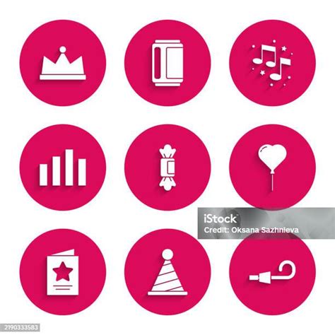 사탕 파티 모자 생일 파티 경적 하트 형태의 풍선 인사말 카드 음악 이퀄라이저 노트 톤 및 크라운 아이콘을 설정합니다 벡터 공휴일에 대한 스톡 벡터 아트 및 기타 이미지