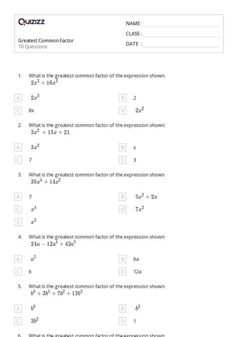 50 Greatest Common Factor Worksheets For 8th Class On Quizizz Free