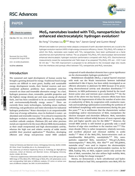 Pdf Mos 2 Nanotubes Loaded With Tio 2 Nanoparticles For Enhanced Electrocatalytic Hydrogen