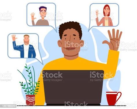 인사하는 다른 사람들과의 가상 회의의 그림입니다 젊은 남성과 여성과의 온라인 회의의 개념 남자에 대한 스톡 벡터 아트 및 기타