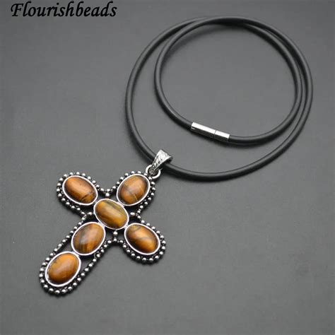 1pc Natural Tiger Eye Cross Pendant Black Rubber Cord Necklace Unisex