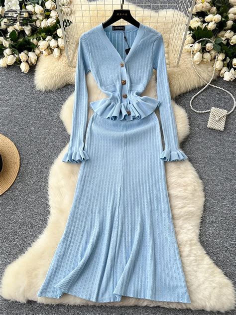 SINGREINY Winter Senior Knitting Dress Metal Button Long Sleeve