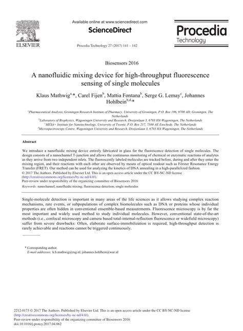 Pdf A Nanofluidic Mixing Device For High Throughput Fluorescence Sensing Of Single Molecules