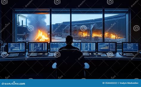 Industrial Tech Control Room Operator Monitors Smelting Workshop Process Modern Tech Displays