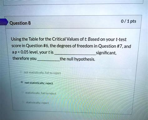 solved question 8 0 1pts using the table for the critical values of t