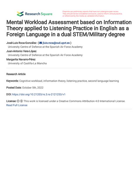 Pdf Mental Workload Assessment Based On Information Theory Applied To Listening Practice In