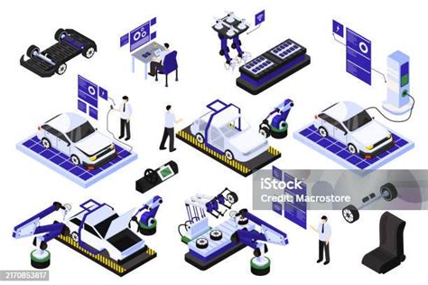 전기 자동차 생산 3d 아이소 메트릭 메가 세트 아이소메트리 그래픽 디자인 로봇 팔 가공 자동차 조립 라인 바퀴 의자 엔지니어 기타의 수집 요소 벡터 일러스트 레이 션