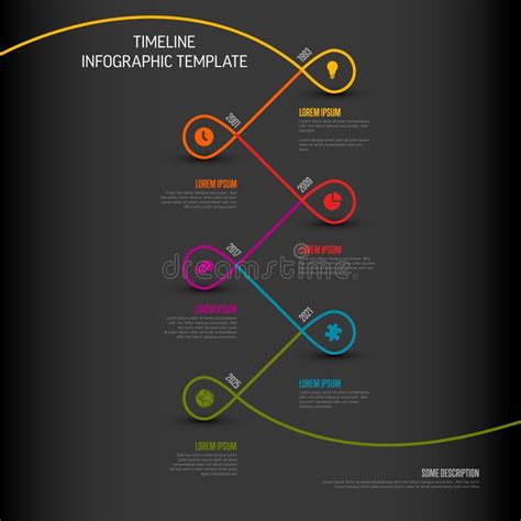 Dark Infographic Curved Thin Line Timeline Template With Icons Stock