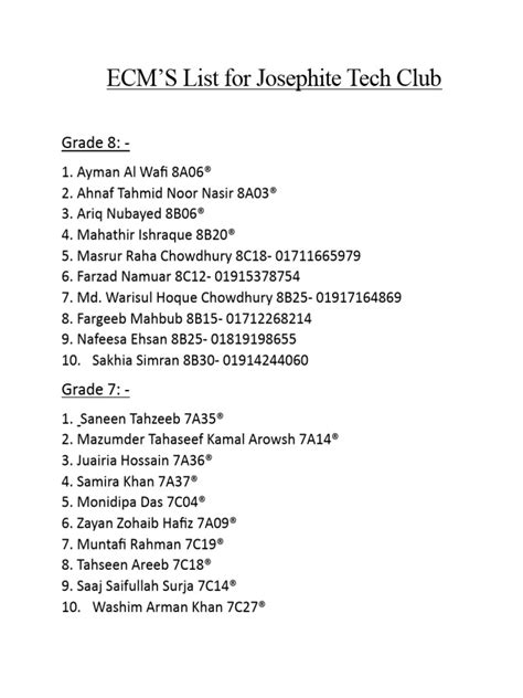 Ecms List For Josephite Tech Club Grade 8 Pdf