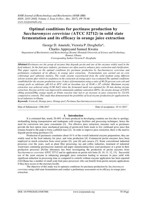 Pdf Optimal Conditions For Pectinase Production By Saccharomyces Cerevisiae Atcc 52712 In