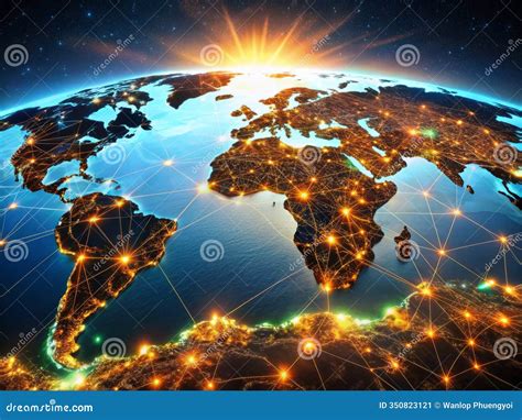 Illuminated World Map A Droneseye View Of Global Connectivity And Digital Networks Stock
