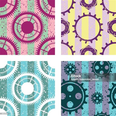 시계 금속 부품 스크류 너트의 메커니즘으로 벡터 완벽 한 패턴의 집합입니다 기어 바퀴와 크리에이 티브 기하학적 그런 지 배경입니다 균열 신의 음식 긁힘 마찰과 질감 고대의에