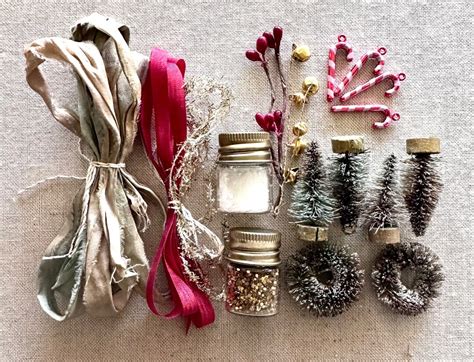 Tiny Tree Trimming Kit With Vintage And Hand Dyed Trims Miniature Dyed Bottle Brush Trees And