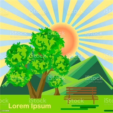 動畫片風景背景 Lorem Ipsum綠樹 山 黃色的陽光 藍天扁平設計向量圖形及更多lorem Ipsum圖片 Lorem Ipsum
