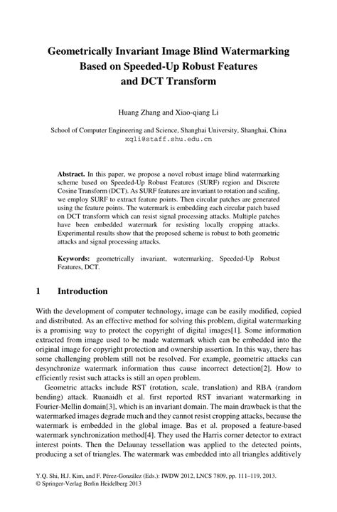 PDF Geometrically Invariant Image Blind Watermarking Based On Speeded Up Robust Features And