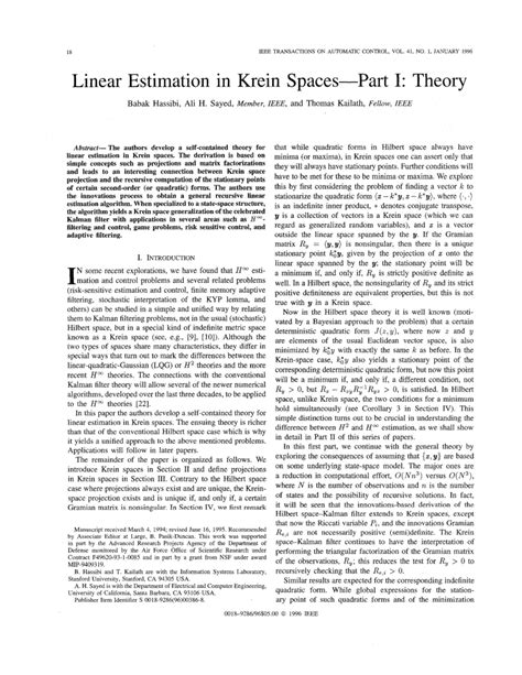 Pdf Linear Estimation In Krein Spaces Part I Theory