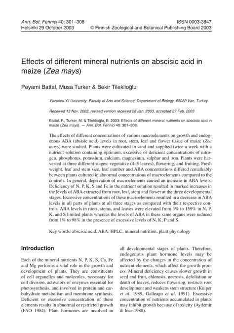 Pdf Effects Of Different Mineral Nutrients On Abscisic Acid In Maize