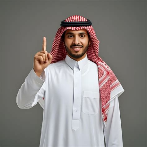 Arabian Man Wearing Traditional Thobe And Shemagh Raising His Hand In