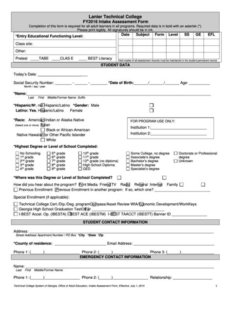 Intake Assessment Form Printable Pdf Download