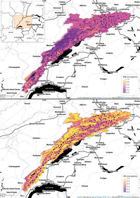 Spatial Projection Of Wild Boar Top And Roe Deer Bottom Probability