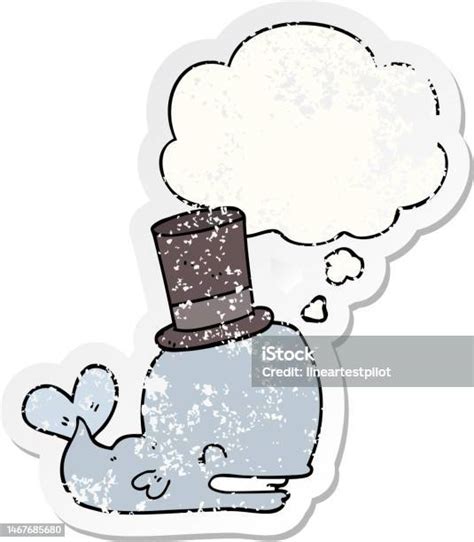 고민된 낡은 스티커로 생각 거품이 있는 모자를 쓰고 있는 만화 고래 고래에 대한 스톡 벡터 아트 및 기타 이미지 고래 귀여운 그런지 이미지 기법 Istock