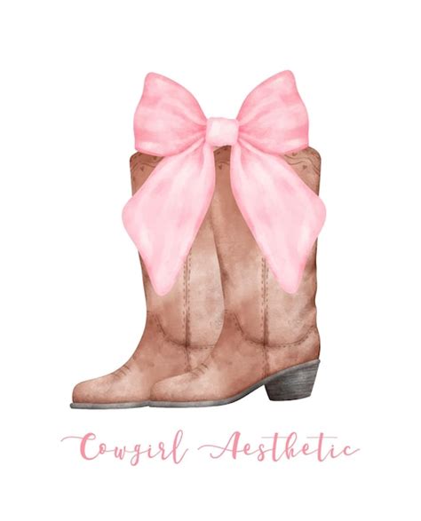 Premium Vector Coquette Cowgirl Boots With Pink Ribbon Bow Watercolor