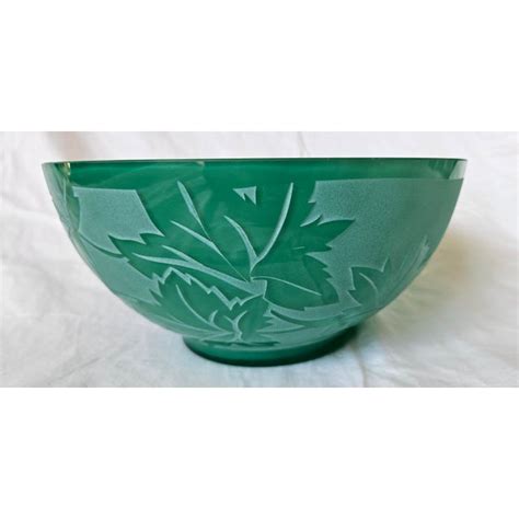 1980s Pilgrim Kelsey Green Oak Leaf Cameo Art Glass Bowl Kelsey Murphy