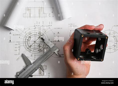 Engineer Comparing A Plastic Component With Its Technical Drawing Using