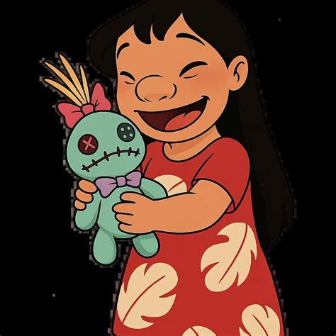 Lilo From Lilo And Stitch Smiling Holding Scrump Doll Bright Colors Cartoon Style Emoji Ai